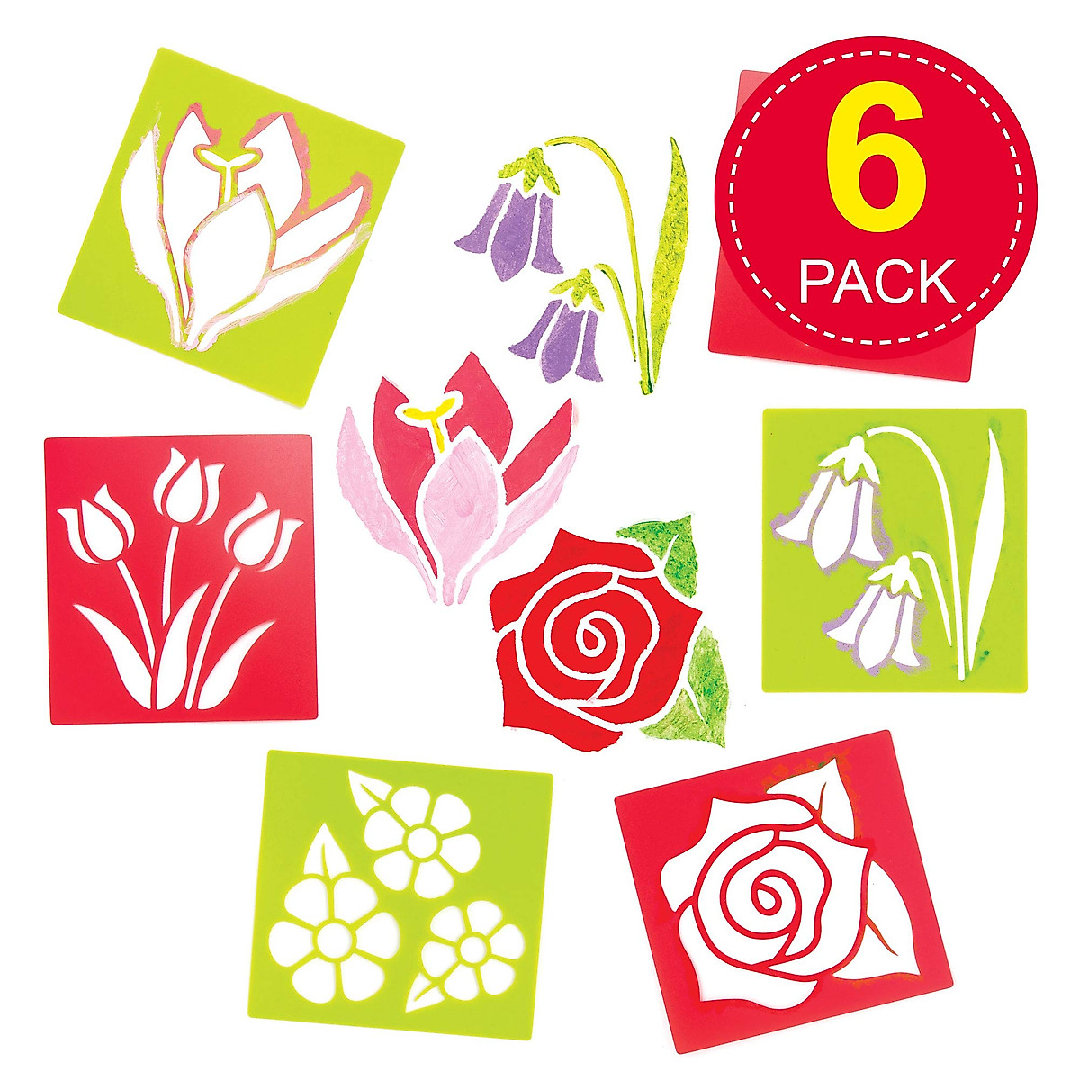 Baker Ross AW284 Flower Stencils - Pack of 6, Floral Prints for Kids to Use in Arts and Crafts Activities, Painting and Printing Projects