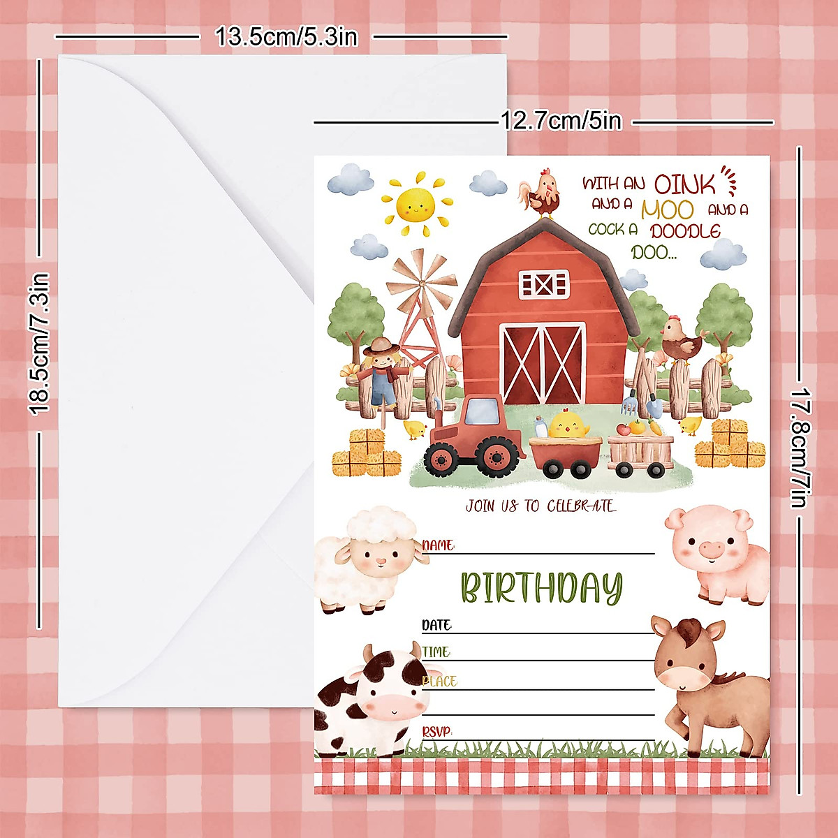 AnyDesign Farm Barnyard Birthday Party Invitations with Stickers Envelopes Red Buffalo Plaids Animal Pig Cow Party Invitation Paper Cards for Birthday Invites Party Supplies, 20 Sets, 5 x 7 Inch