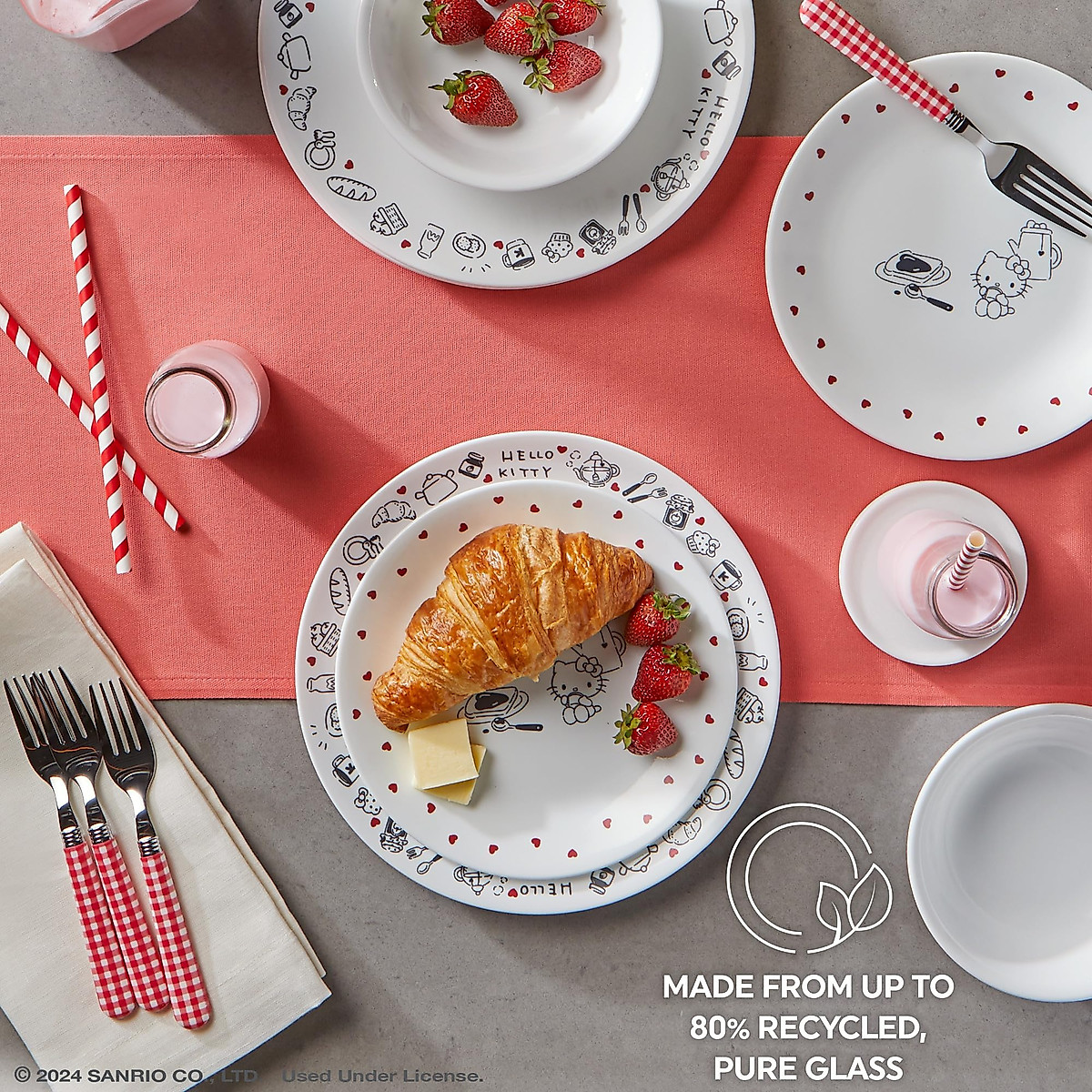 Corelle Vitrelle Hello Kitty 12-PC Dinnerware Set, Service for 3, Triple Layered Glass, Anti-Chip Durable Lightweight Plate and Bowl Set