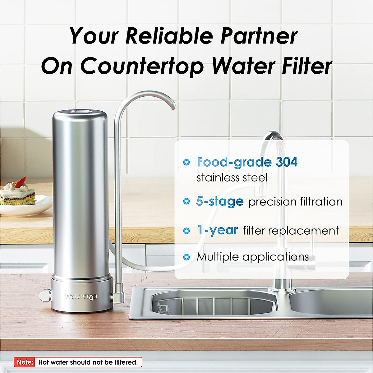 Waterdrop 5-Stage Stainless Steel Countertop Water Filter, Reduces Heavy Metals, Bad Taste, Chlorine, Up to 99% of Impurities, 2 Pack