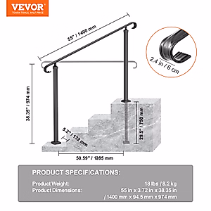 VEVOR Handrail for Outdoor Steps, 4-5 Steps Flat Outdoor Handrail, Adjustable Wrought Iron Staircase Handrail, Thickened Stair Railings for Porch Railing, Deck Handrail