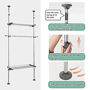 BAOYOUNI Standing Garment Rack Clothes Hanger Storage Organizer Adjustable Heavy Duty Laundry Shelf Double Tension Pole with 2 Large Shelves and 1 Telescopic Haning Rod - Grey