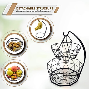 Simplil 2 Tier Vegetable and Fruit Basket With Banana Hanger, Countertop Detachable Bowls, Black