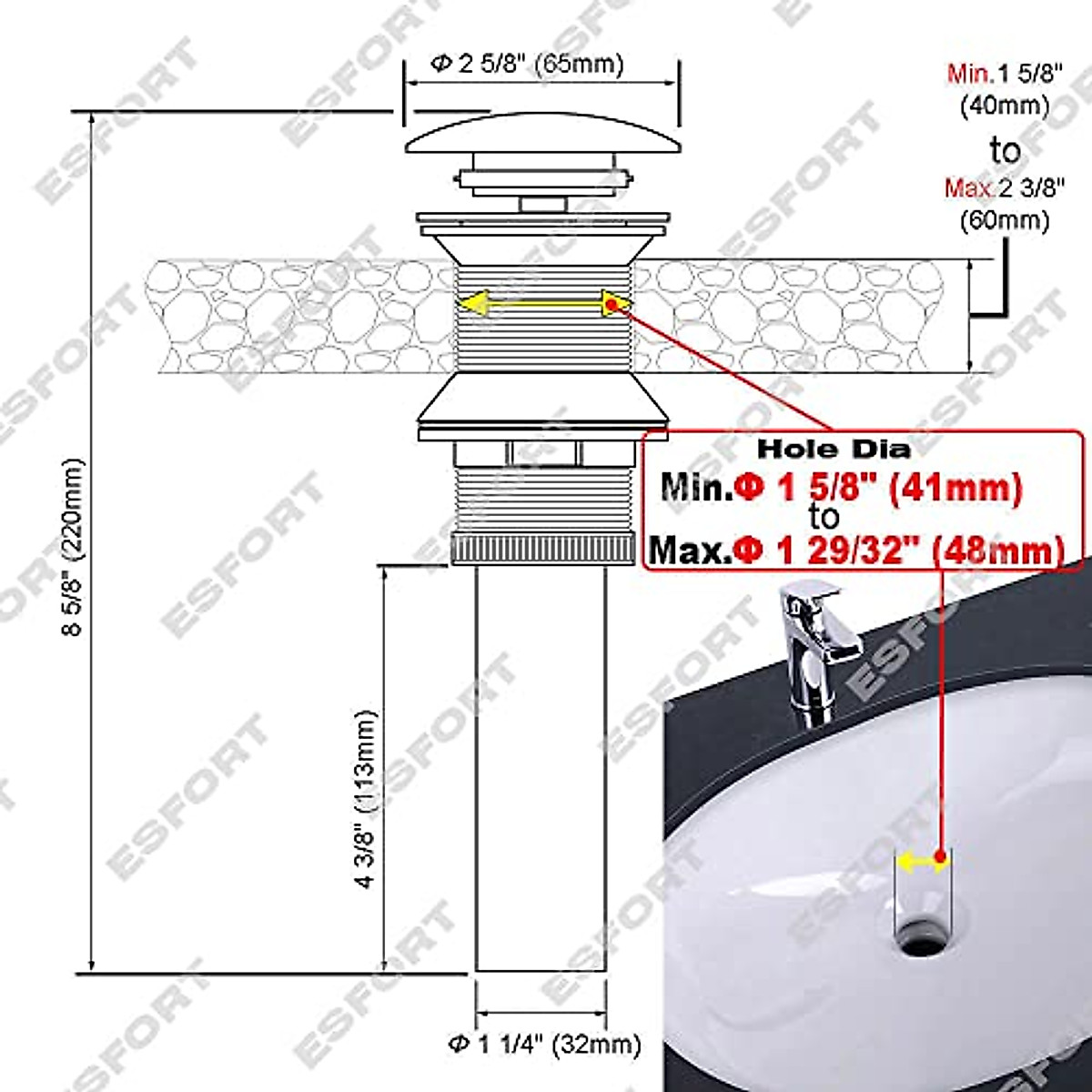 ESFORT Pop Up Sink Drain without Overflow, Bathroom Sink Pop Up Assembly Vessel Sink drain, Brushed Gold