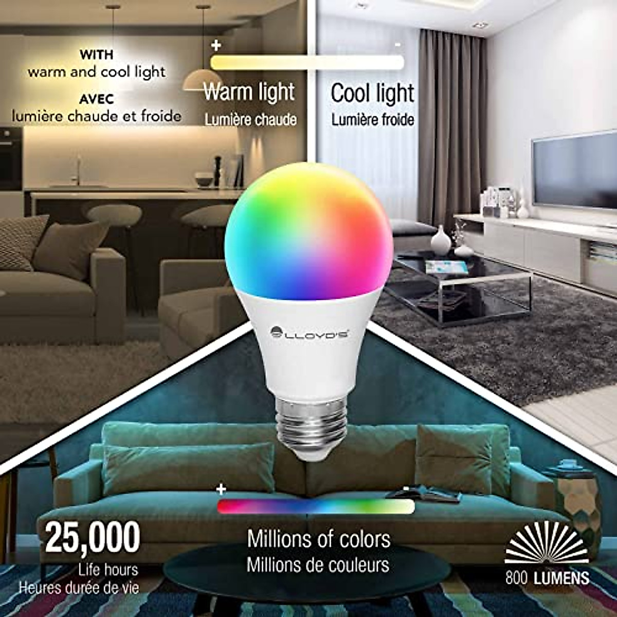 Lloyd's WiFi Smart A19 Bulb, Multicolor + White Light Range (Warm White to Cool White, 2700K-6500K), Works with Alexa and Google Home, 9W, No Hub Required, Dimmable from App, for 2.4 GHz Networks