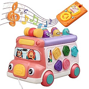 Syahro Baby Crawling Toys with Music and Light Infant Musical Bus Toys with Clock Toy, Shape Matching, Gear, Whack A Mole Game Tummy Time Toys Gifts for Toddler (Pink)