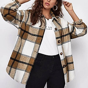 MRGIINRI Womens 2022 Warm Winter Coat Trendy Plaid Print Blazer Jackets Button Down Collar Puffer Shacket Trench Cardigans