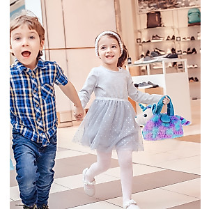 DolliBu Purple Unicorn Bags Collection Set of 3 - Blue and Purple Unicorn Stuffed Animal Purse Bags for Girls, Removable Unicorns in Sequin, Furry Handbags for Dress Up