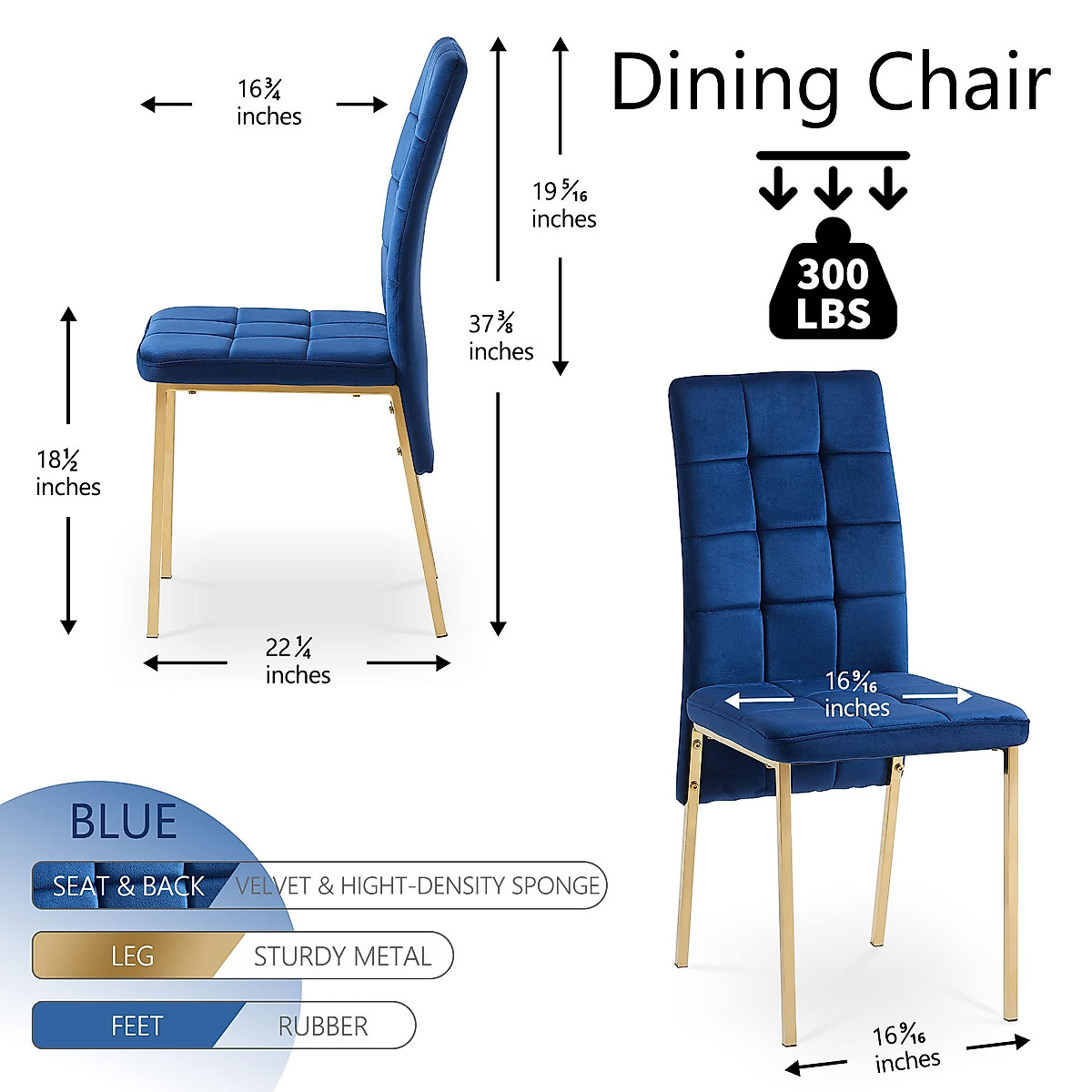 NORDICANA Upholstered Velvet Dining Chairs Classic Kitchen High Back Chairs Set of 4, Featured Dovetail Tufted Side Chairs, Golden Color Metal Legs, Navy Blue