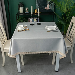 EHouseHome Faux Linen Tablecloth with Lace Trim - Waterproof/Spill Proof/Stain Resistant/Wrinkle Free/Oil Proof - for Banquet, Parties,Dinner,Kitchen,Wedding,Holiday,Silver Grey Square 70X70Inch