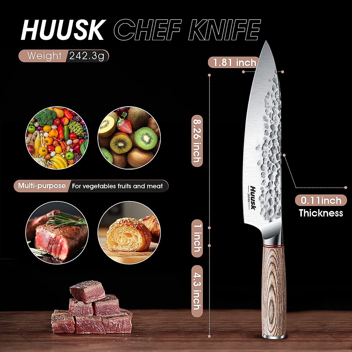 Huusk Japan Knife 8-inch Chef Knife Professional Hand Forged Kitchen Knife High Carbon Steel Sharp Japanese Gyutou Chef Knives for Meat Vegetables - Wood Handle with Gift Box
