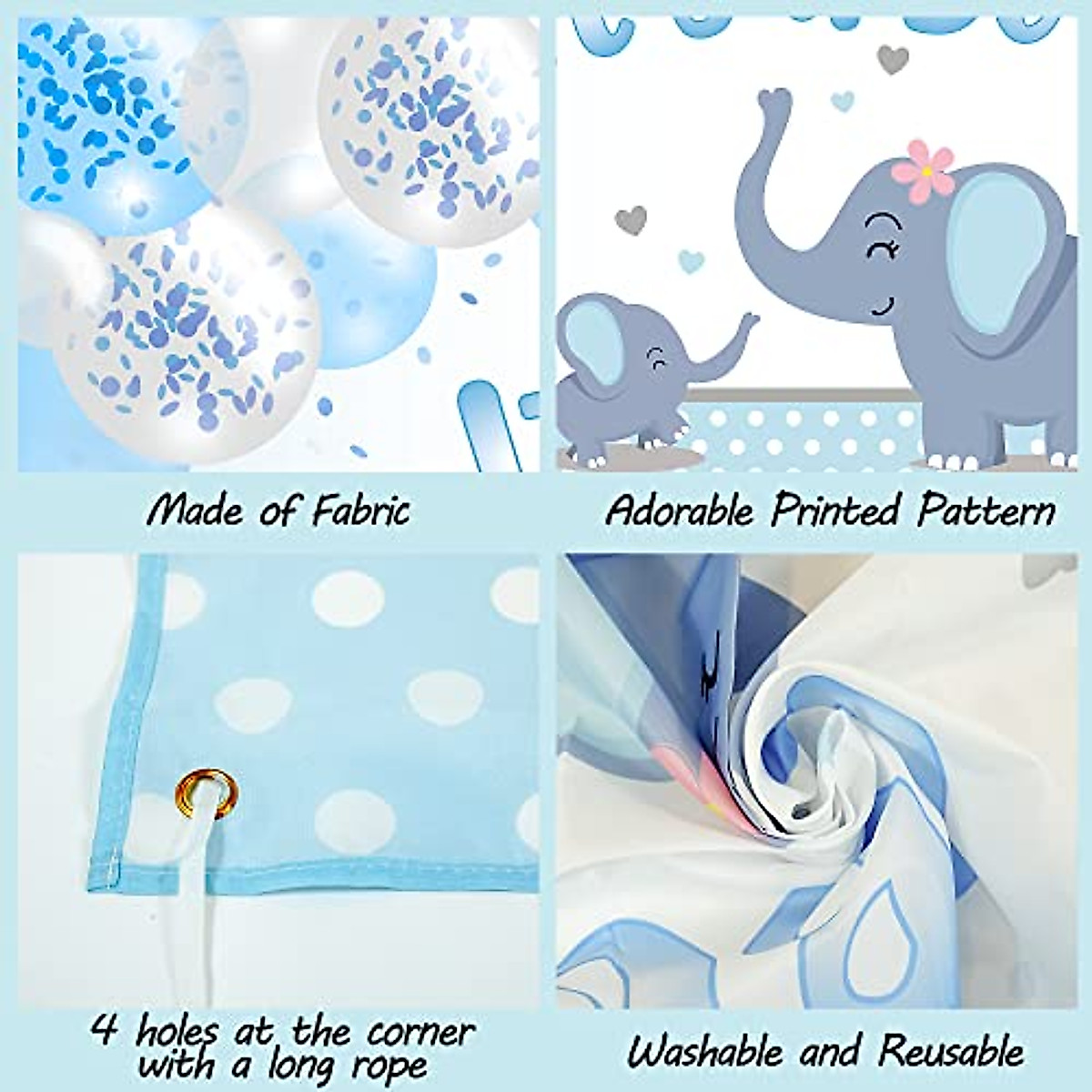 Elephant Baby Shower Backdrop Banner Blue Gray Baby Shower Decorations for Boy, Large Fabric Rustic Animal Theme Birthday Party Supply, It's A Boy Background Decor, Photography Props 72.8 x 43.3 Inch