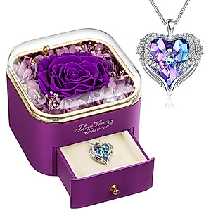 NEWNOVE Preserved Real Purple Rose with Purple Necklace -Forever Flowers Gifts for Mom Grandma Wife Girlfriend, Anniversary Birthday Gifts for Women I Love You Gifts for Her