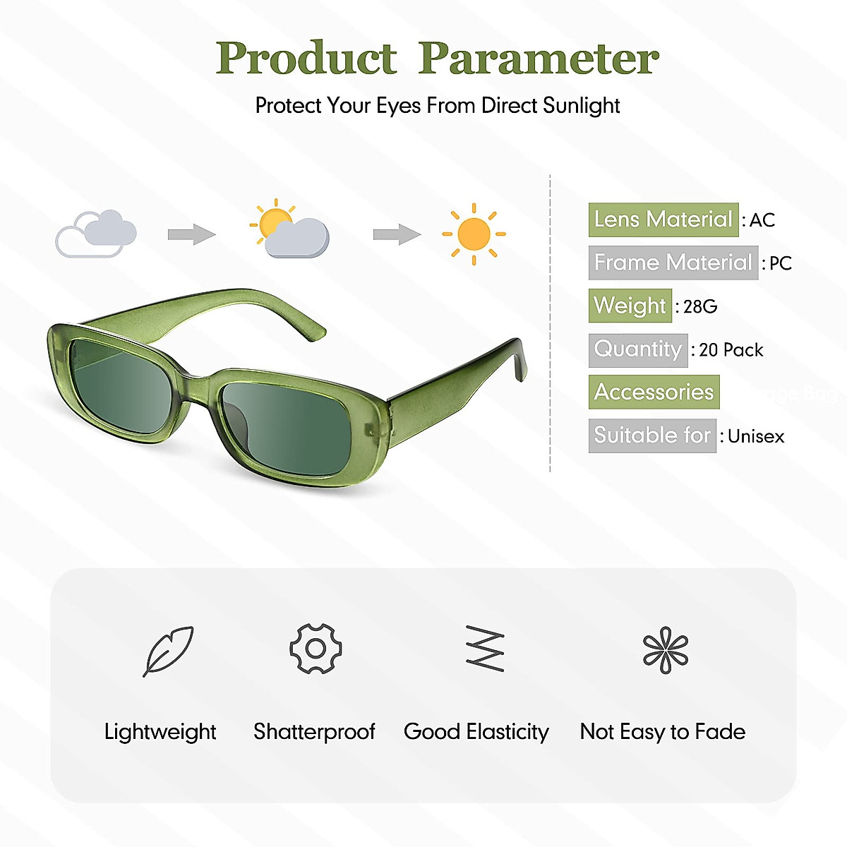 20 Pairs Small Retro Rectangle Sunglasses 90's Driving Glasses Vintage Narrow Square Sunglasses Unisex Frame Glasses for Women Men Teens