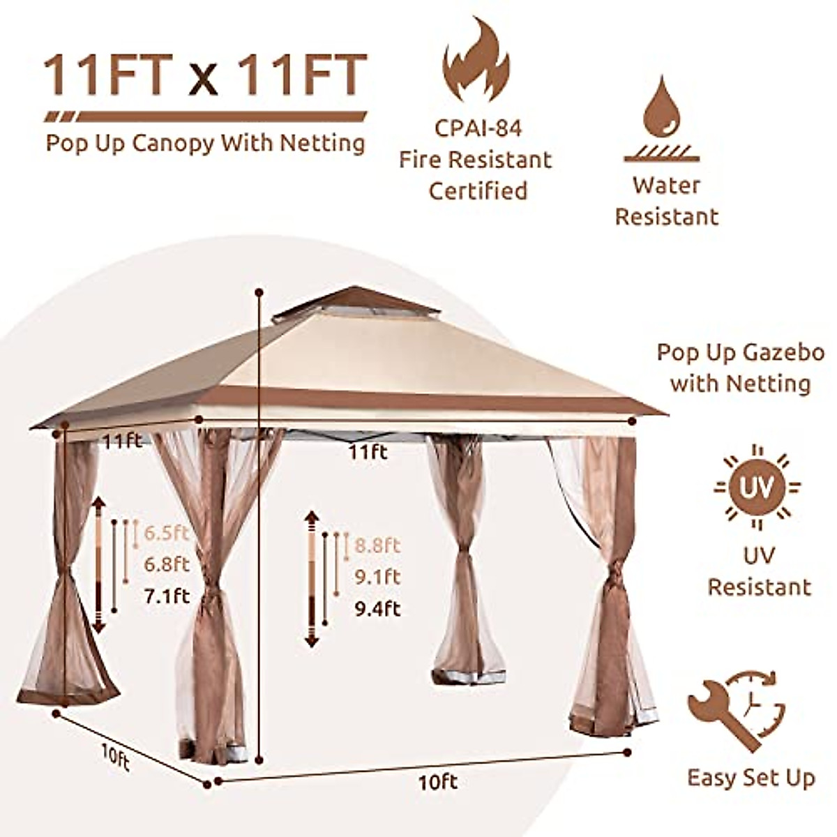 UDPATIO Pop Up Gazebo 11'x11' Patio Gazebo Tent Instant, Outdoor Gazebo with Mosquito Netting, Metal Frame Outdoor Canopies for Shade and Rain for Lawn, Garden, Backyard and Deck, Beige