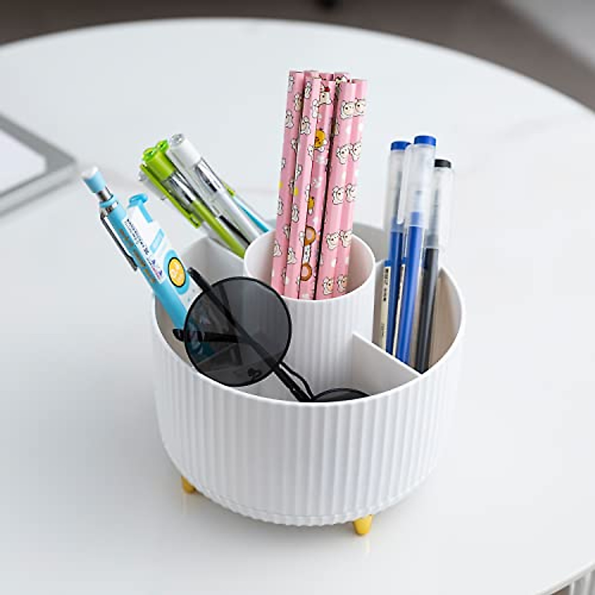 Desk Pencil Pen Holder, 5 Slots 360°Degree Rotating Pencil Pen Organizers for Desk, Desktop Storage Stationery Supplies Organizer, Cute Pencil Cup Pot for Office, School, Home, Art Supply (White)