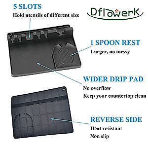 DflowerK Silicone Spoon Rest Utensil Rest with Drip Pad 5 Slotted & 1 Spoon Holder for Kitchen Counter Stove Top Heat Resistant Large 10.3" X 8" (Night Black)