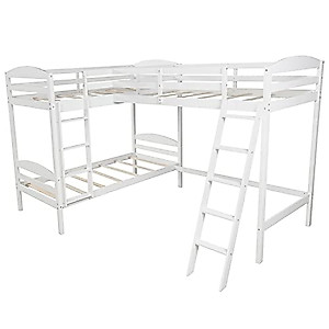 L-Shaped Triple Bunk Bed, Twin Over Twin Corne Bunk Bed Attached a Twin Loft Bed,Triple Bunk for Kids,3 Bed Bunk Beds with Guardrails and Angle Ladder for Boys Girls Teens
