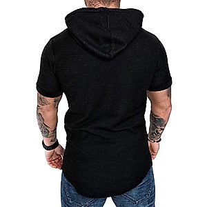 Maiyifu-GJ Men's Short Sleeve Athletic Hoodie Lightweight Workout Hooded T-Shirts Solid Color Slim Fit Pullover Sweatshirt (Black,Medium)