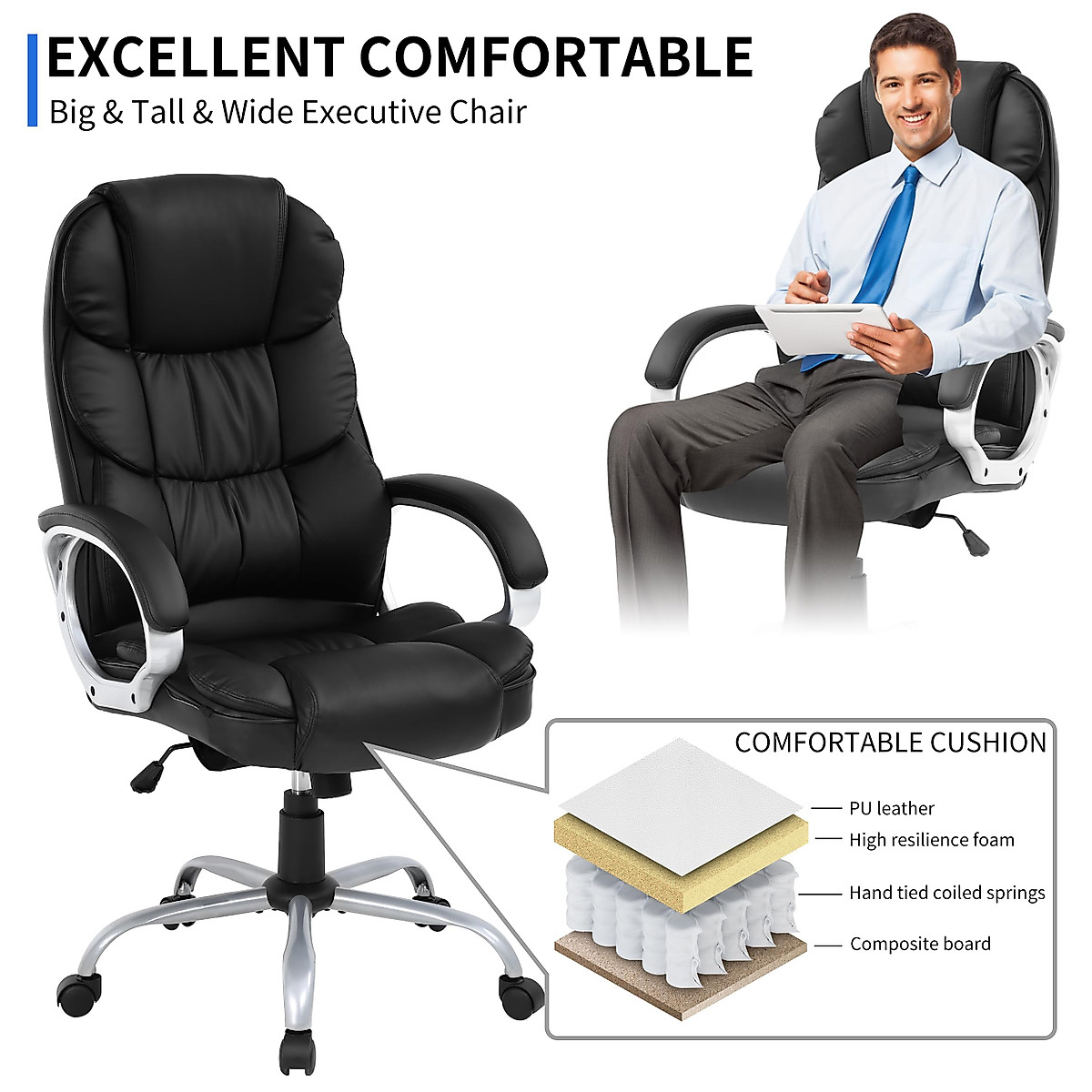 BLKMTY Office Chair Ergonomic Computer Chair PU Leather Chair High Back Desk Chair Adjustable Height Chair with Lumbar Support Executive Swivel Task Chair for Women, Black