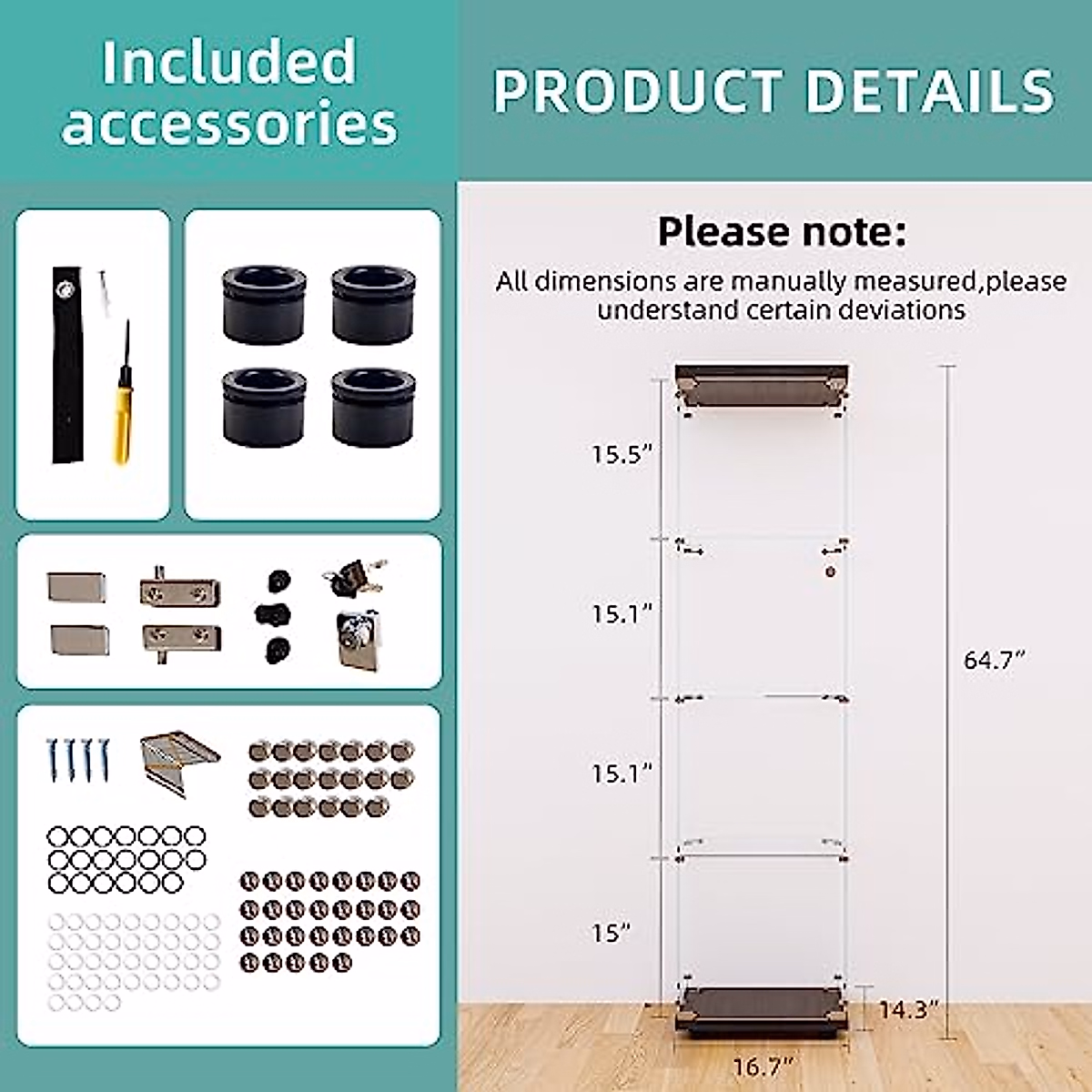 FLYMUHJIA Curio Cabinet Glass Display Case for Collectibles with Door, 4 Display Shelves Showcase, 64.2”Hx16.9''Lx 14.6''W Black