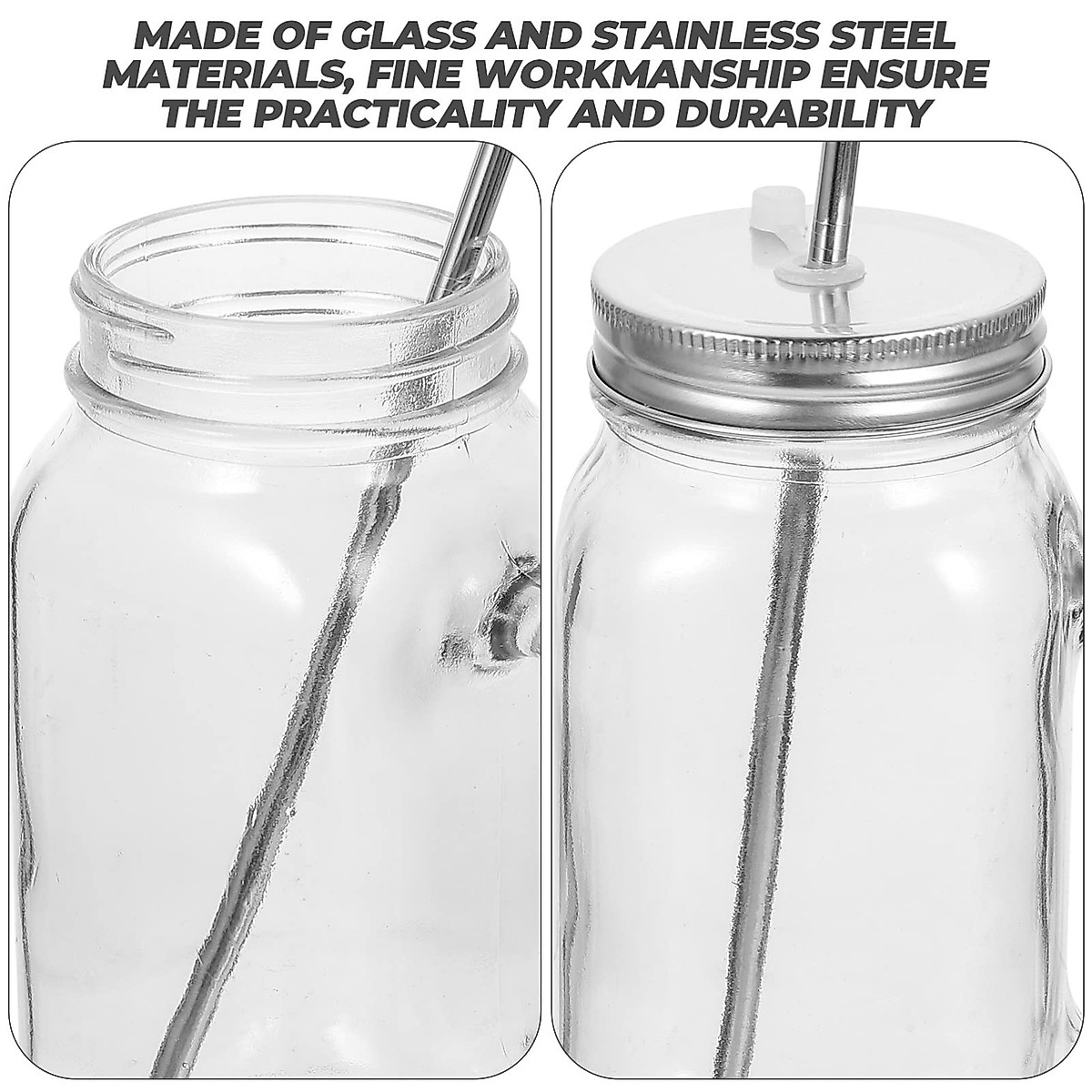 UPKOCH Mason Jar Mugs with Handles Lids and Straws Wide Mouth Clear Drinking Glass Bottle Set Old Fashioned Decorative Tumbler Cups for Coffee 750ml