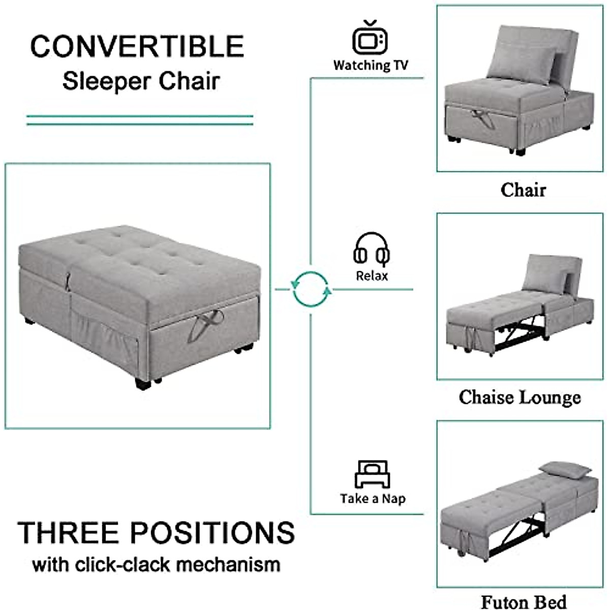 BINGTOO Sleeper Sofa Chair Bed 4 in 1 Convertible Chair Multi-Function Folding Ottoman Sleeper, Pull Out Sleeper Chair Bed- Modern Convertible Chair Bed Pull Out Sleeper Couch Bed for Living Room