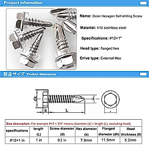 #12 x 1 Self Drilling Screws 410 Stainless Steel Hex Washer Head self Tapping Screws 50 pcs