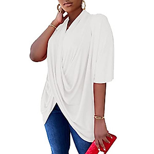 LYANER Women's Wrap V Neck Ruched Short Sleeve Split Hem Blouse Shirt Tunic Top White Large
