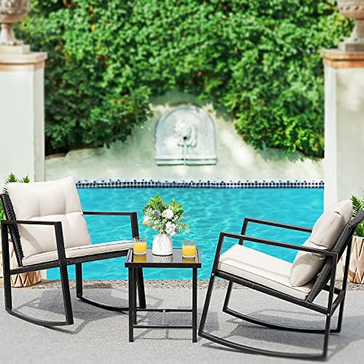 Devoko 3 Piece Rocking Bistro Set Wicker Patio Outdoor Furniture Porch Chairs Conversation Sets with Glass Coffee Table (Beige)