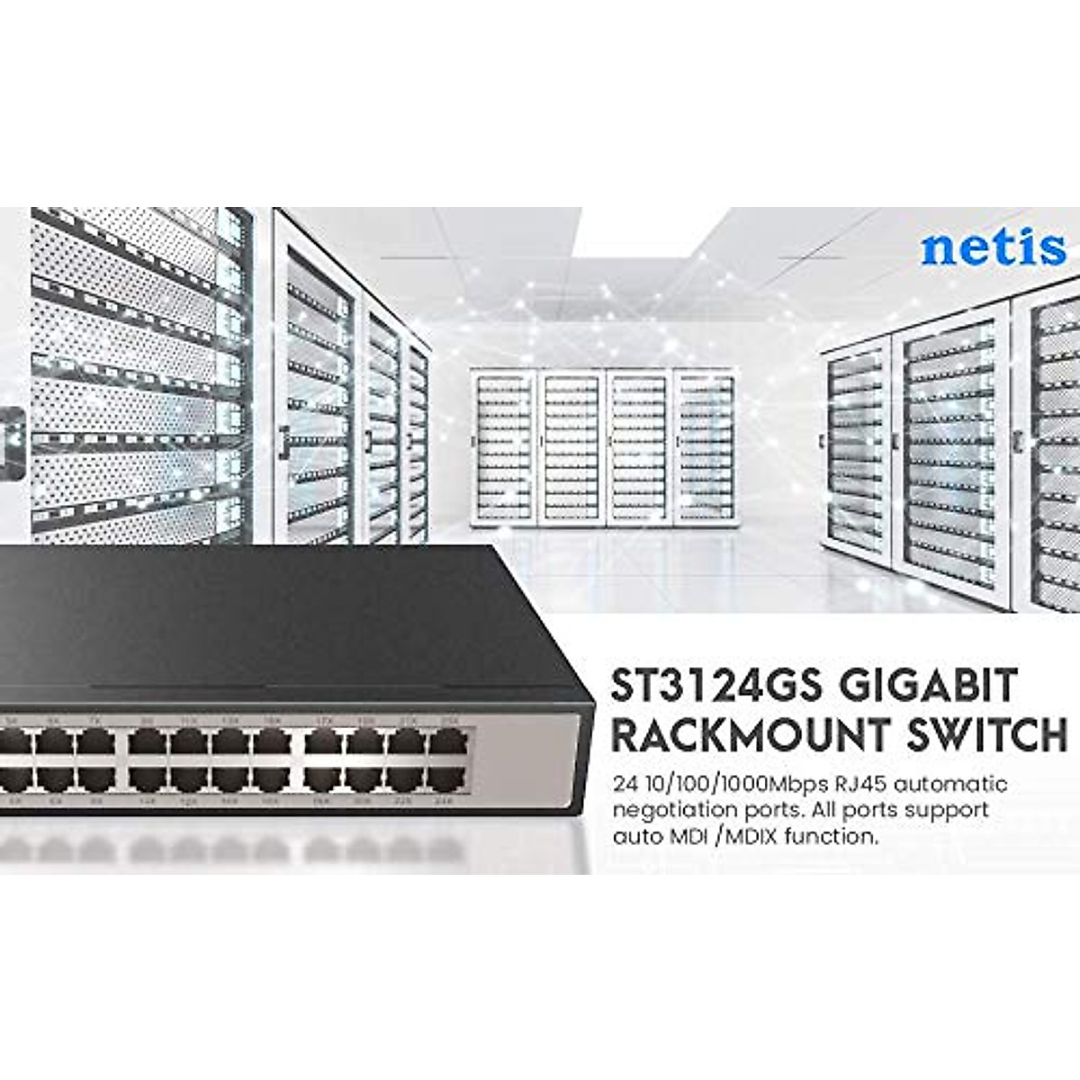Netis ST3124GS 24 port Unmanaged 10/100/1000M Gigabit Switch, Desktop Ethernet Splitter, Ethernet Hub, Plug and Play, Fanless Quite, Traffic Optimization, Sturdy Metal Desktop size, expandable to standard 19 inch rack mount with included mounting bracket,
