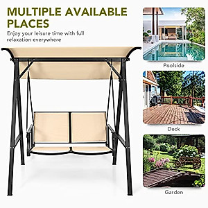 Tangkula 2-Person Patio Swing, Weather Resistant Porch Swing with Adjustable Canopy, Steel Frame, Outdoor Modern Canopy Swing with Handrails, Suitable for Porch Garden Poolside (Coffee)