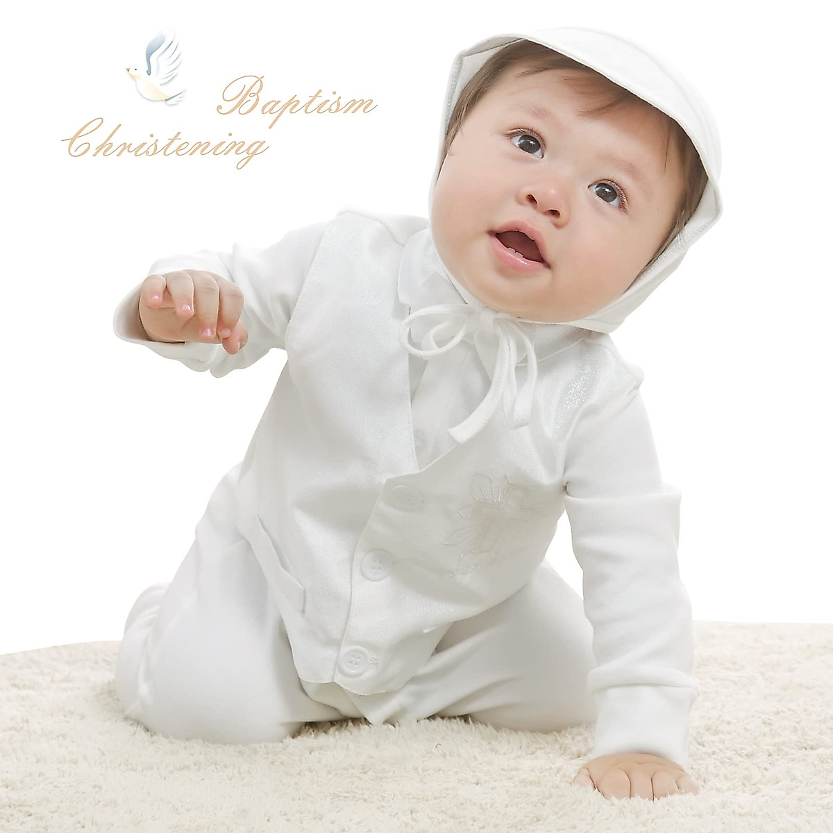 Booulfi Baby Boy Baptism Outfit Boys Christening Outfits Baby Boy Clothes 3-6 Months Newborn Boy Outfits Long Sleeves Baby Romper Hat BowTie 3 Pcs Baby Boy Clothing Set