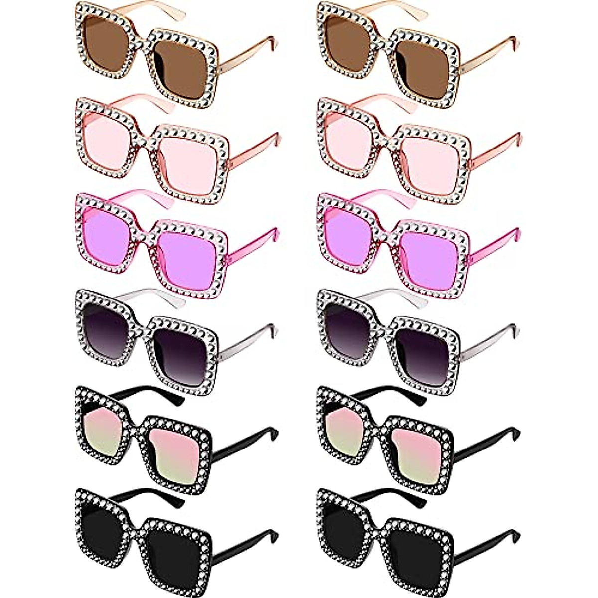 12 Pairs Crystal Oversized Sunglasses Rhinestone Square Diamond Sunglasses Frame Retro Sparkling Glasses for Women Men(Bright Colors)
