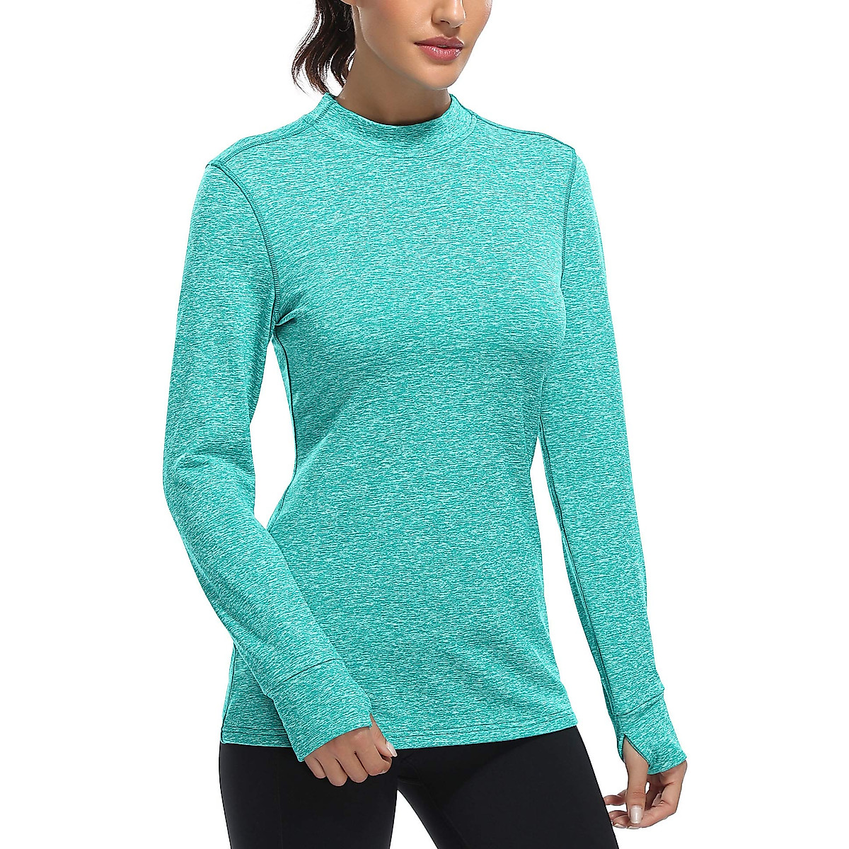 Fulbelle Cold Weather Thermal Fleece Running Gear Women, Winter Mock Neck Workout Top T-Shirts Long Sleeve Thumb Hole Lounge Fall Fashion Ladies Casual Blouses Sweatshirt Pullover Green Small