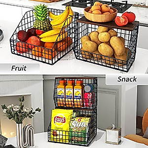 Mefirt Fruit Basket, Enlarged 2-Tier Kitchen Organization Wire Basket with Wood Lid, Stackable Wall-mounted & Countertop Tiered Storage Baskets for Potato Storage, Onion Storage, Snack Onganizer etc