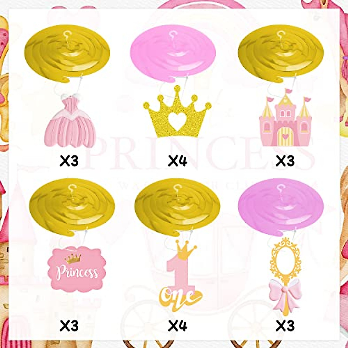 K KUMEED Princess Party Decorations,Pink Gold Princess Hanging Swirls,1st Birthday Princess Decorations for Girls,Cute Bow Crown Foil Ceiling Decorations for First Princess Party Supplies