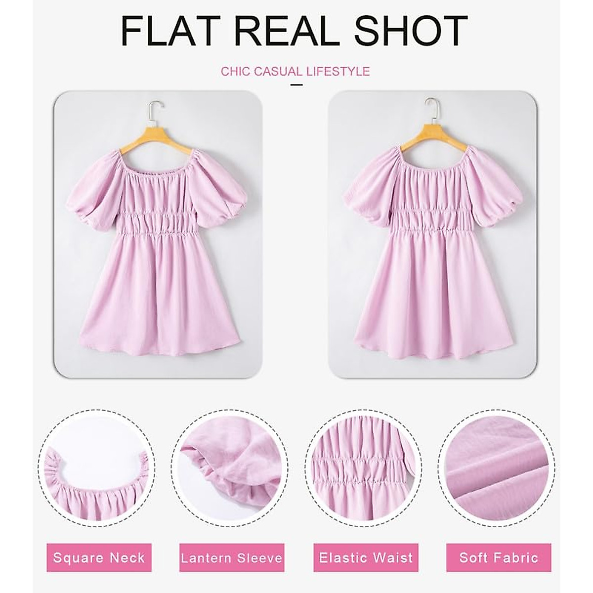 Dokotoo Womens Square Neck Summer Dresses Lantern Sleeve Ruffle A-Line Purple Dresses for Women Elastic Waist Casual Mini Beach Dresses Small