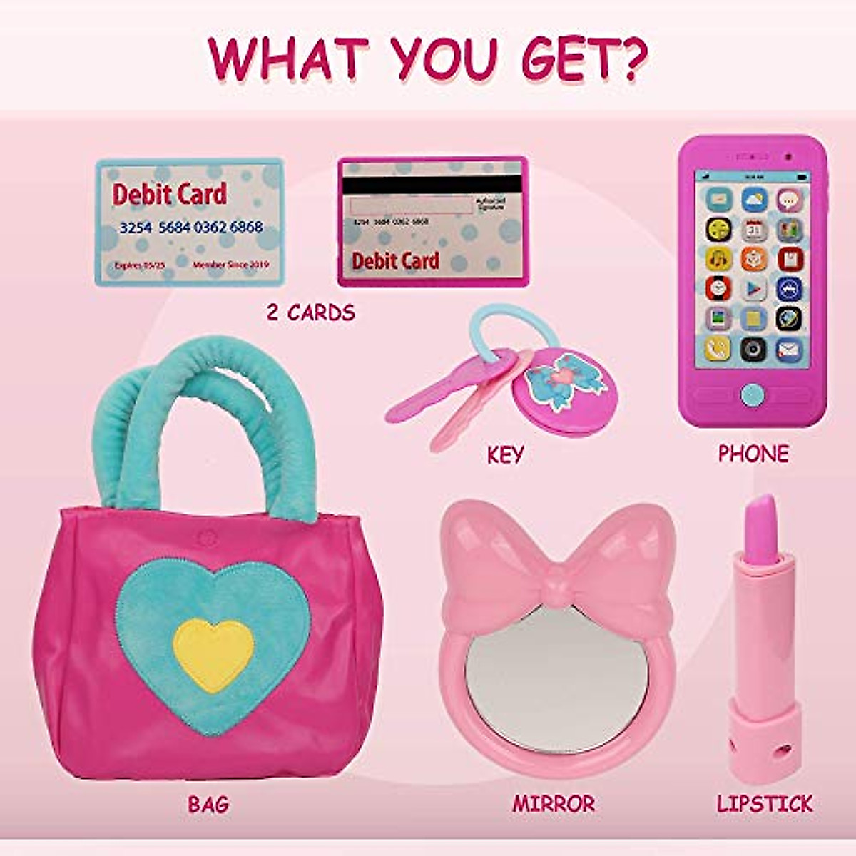 Playkidz Princess My First Purse Set - 7 Pieces Kids Play Purse and Accessories, Pretend Play Toy Set with Cool Girl Accessories, Includes Phone and Bag with Cards