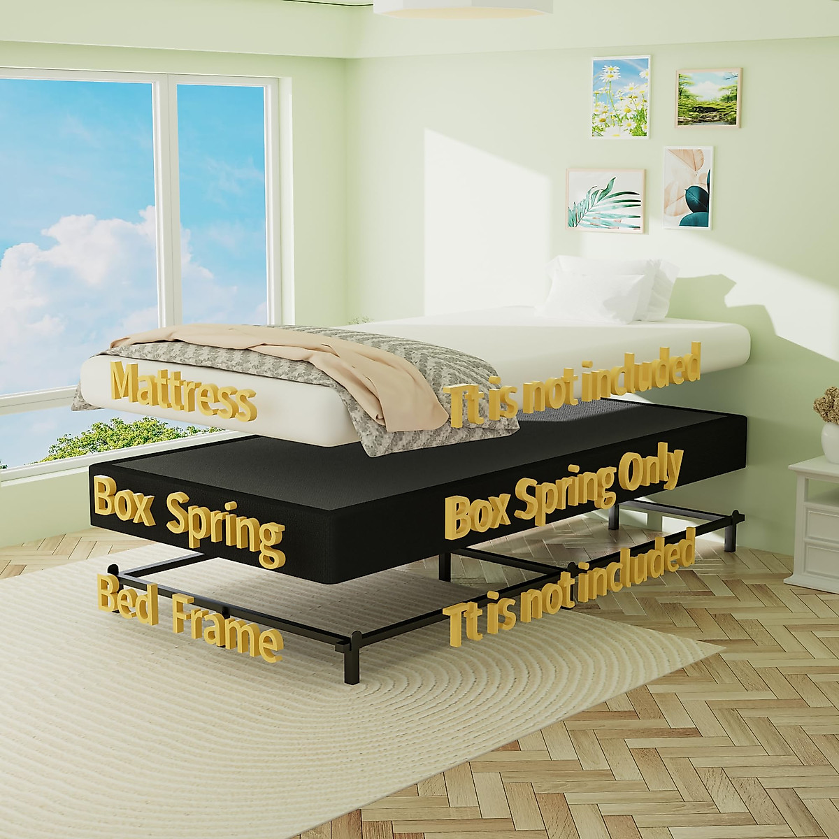 Twin Box Spring, 10 inch Box Spring for Twin Bed, Heavy Duty Metal Bed Frame with Fabric Cover, 3000lbs Max Weight Capacity Bed Base Mattress Foundation, Easy Assembly, Noise Free, Black