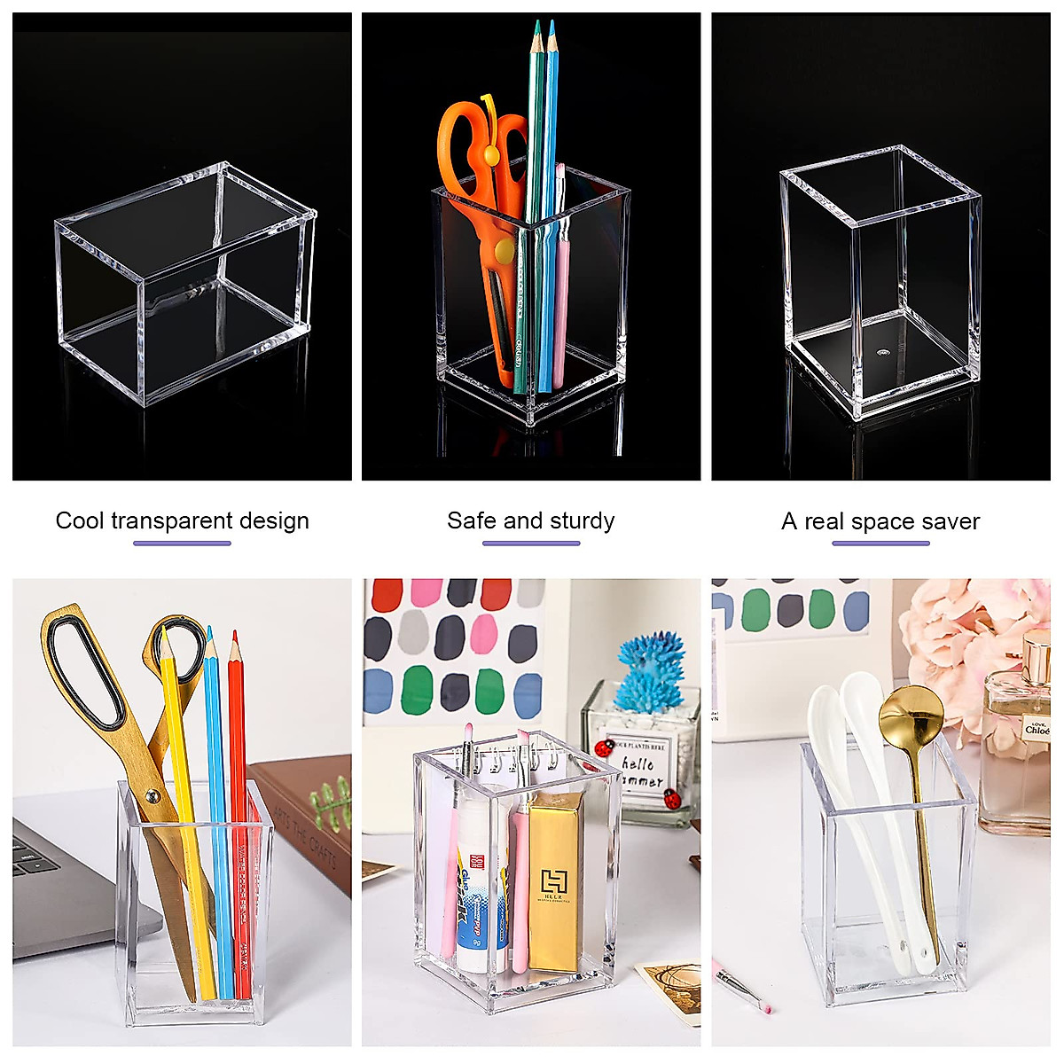 6 Pieces Clear Acrylic Pen Holder Makeup Brush Holder Desktop Holder Desk Goth Accessories Square Stationery Organizer, Transparent Pencil Holder Acrylic for Home Office School