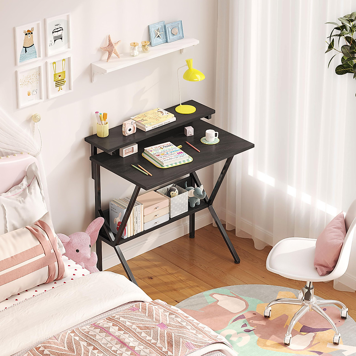 COTUBLR Small Desk, 27.5 Inch Small Computer Desk for Small Spaces, Computer Desk with Adjustable Monitor Stand, Compact Desk with Storage, Tiny Desk Study Desk for Bedroom Home Office, Black