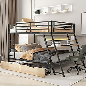 Flieks Bunk Bed, Full Over Full Metal Bunk Bed Frame with Built-in Desk, Light, 2 Drawers, Safety Guard Rails and Ladder, Heavy-Duty Steel Frame Bunk Bed for Kids Teens Adults (Black)