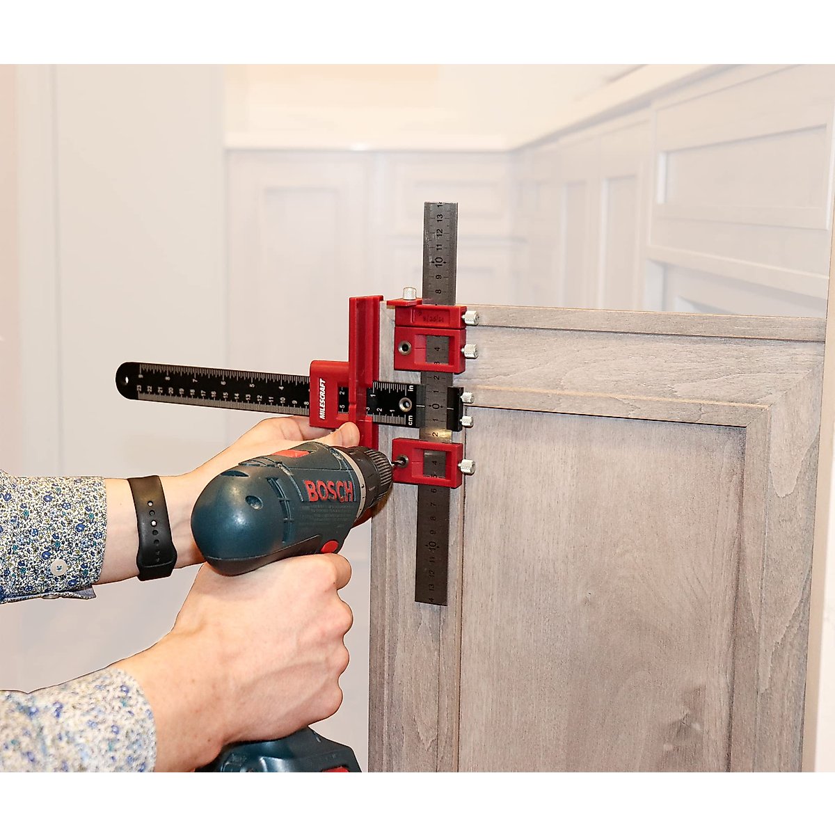 Milescraft 1340 Hardware Jig – Adjustable Drill Guide to Quickly Install Cabinet/Drawer Handles, Knobs and Pulls. Cabinet Hardware Template, Wood Drilling Guide Jig, Drawer Pull Jig.