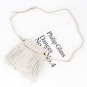 Hoce Women PU Leather Mini Hobo Fringe Tassel Crossbody Bag Vintage Tassel Shoulder Bag, White