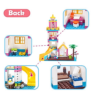 Tblicked Girls Friends Lighthouse Building Toys, Seaside Villa Building Sets 412 Pieces, Beach Fun with Friends Fishing Surfing, Summer Holiday Island Adventures Play Set Gift for Kids Aged 6-12