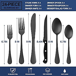 E-far 24-Piece Black Silverware Set with Steak Knives, Stainless Steel Flatware Cutlery Set for 4, Matte Black Metal Eating Utensils Sets Include Forks and Spoons Knife, Modern Design & Rust Proof