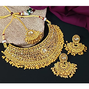 Efulgenz Indian Jewelry Sets for Women Gold Tone Indian Bollywood Traditional Crystal Pearl Wedding Choker Necklace Earrings Maang Tikka Jewelry Set Indian Bridal Jewelry