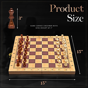 15" Wooden Chess Set with Weighted Chess Pieces, Folding Chess Board Set with Instructions & Storage Slots, Portable Travel Chess Sets for Adults and Kids