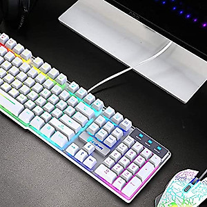 KUIYING Gaming Keyboard and Mouse Combo,RGB Rainbow Backlit Keyboard with PC Wired Keyboard+2400DPI 6 Buttons Rainbow LED Gaming Mouse+Mouse Pads for PC PS4 (White), 20.9 x 6.1 x 2.1